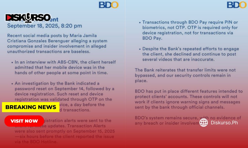 BDO, dumepensa laban sa viral posts hinggil sa umano’y unauthorized ...