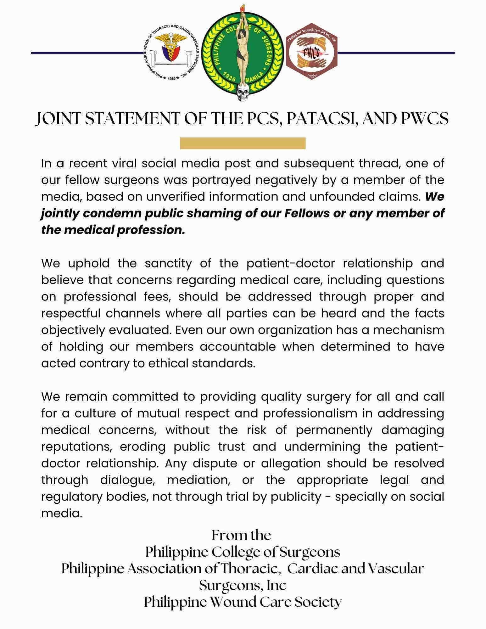 PCS, PATACSI at PWCS, Nanindigan Laban sa Public Shaming ng mga Doktor ...