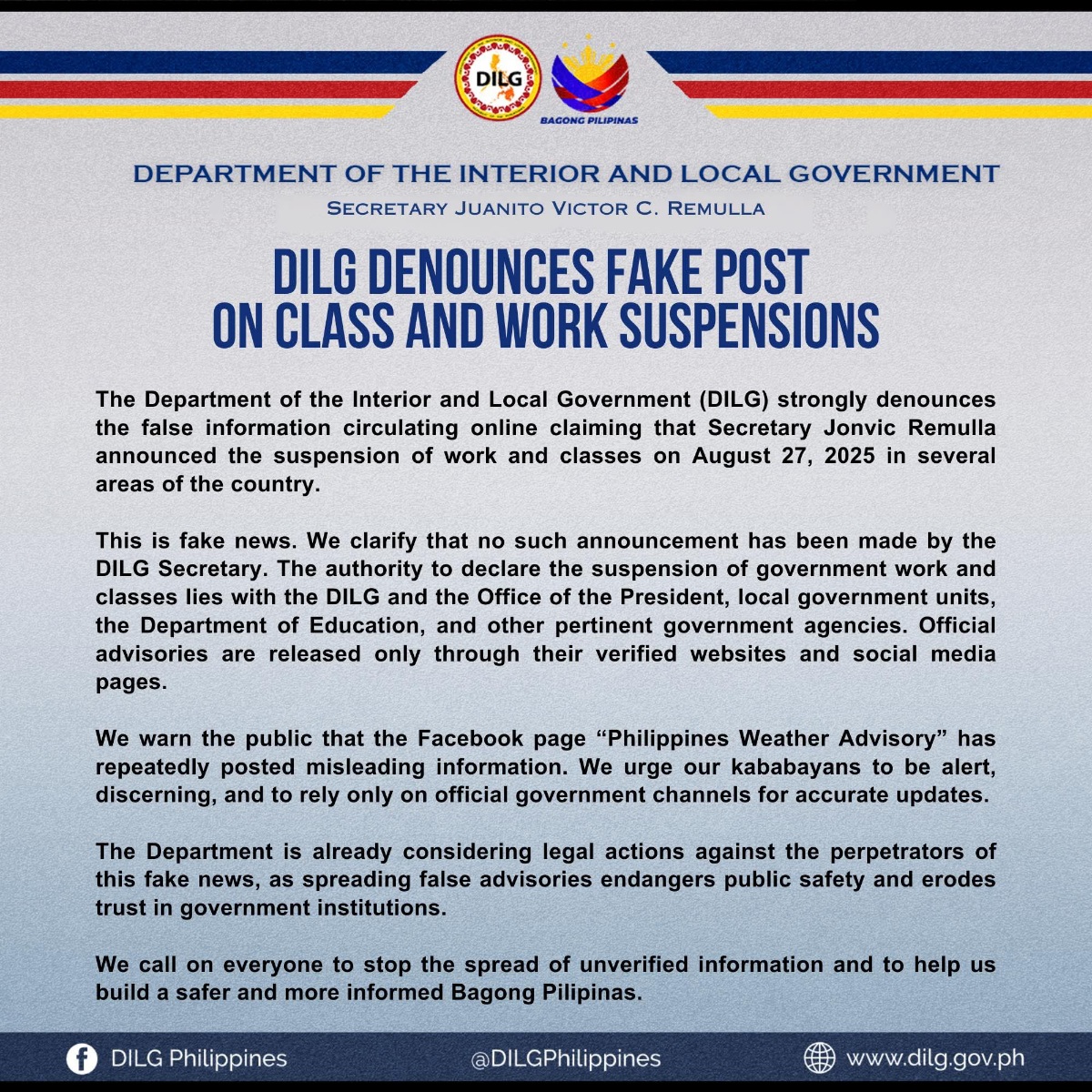 DILG nagbabala laban sa 'fake news' ng class at work suspension ...