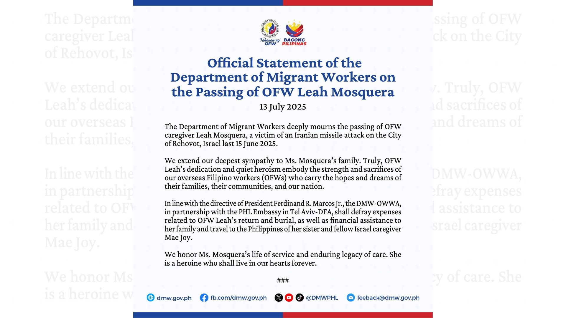 DMW, Nagluluksa sa Pagkamatay ng isang OFW sa Israel Missile Strike ...