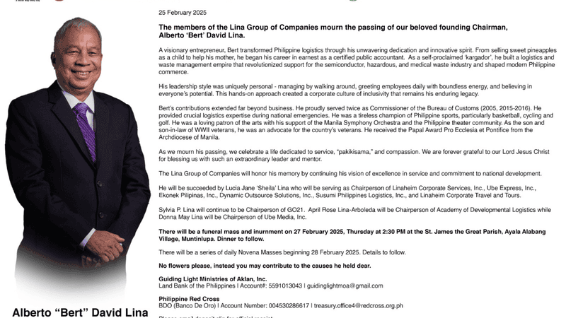 Air21 Owner na si Bert Lina, Pumanaw na sa Edad na 76 | Diskurso PH