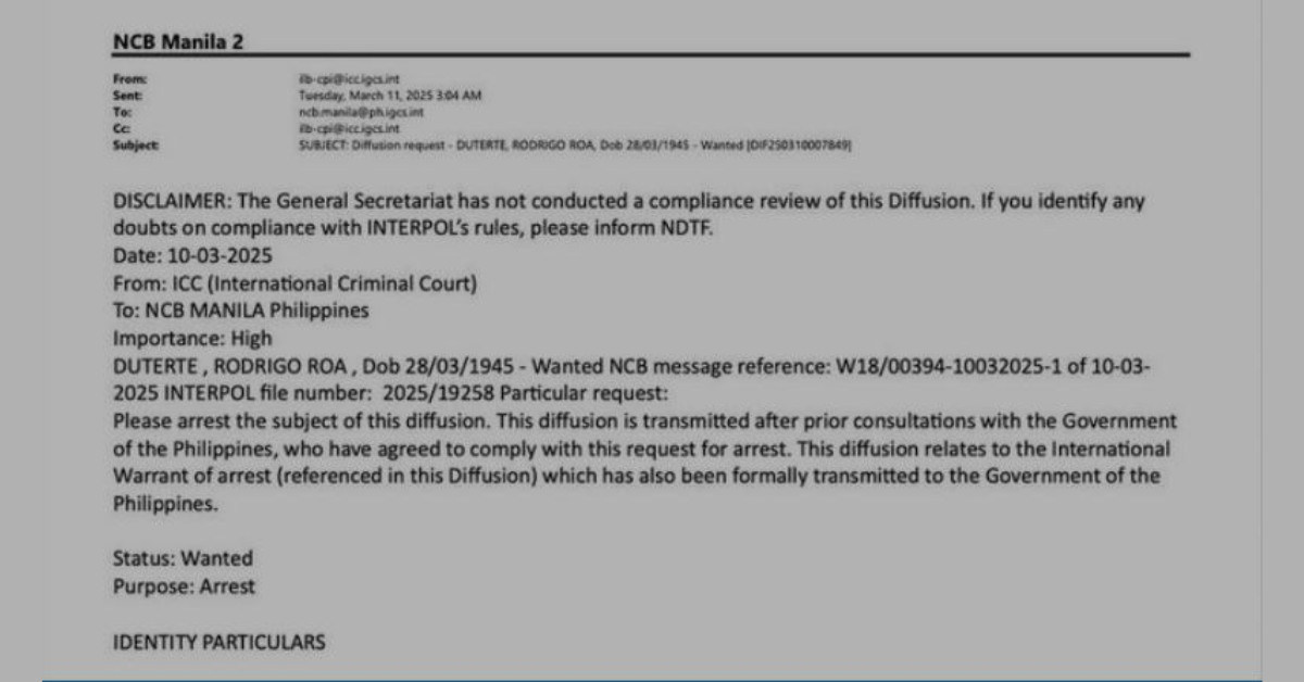 PCTC: pag-aresto kay dating Pang. Duterte, batay sa Interpol diffusion ...