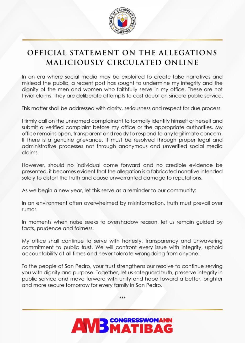 Congresswoman Matibag pushes back against online allegations, calls for ...